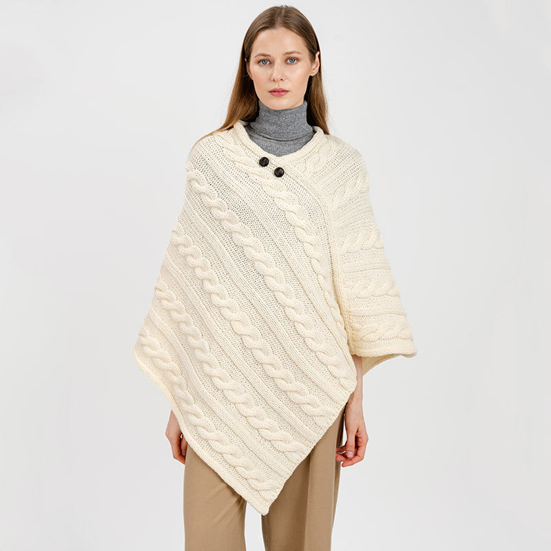 Women's V-Shaped Irish Chunky Cable Poncho | 100% Wool
