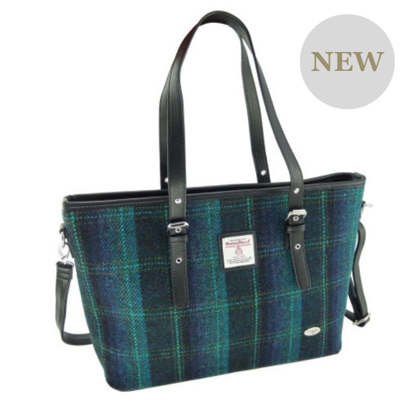Turquoise Plaid Harris Tweed Large Tote Bag