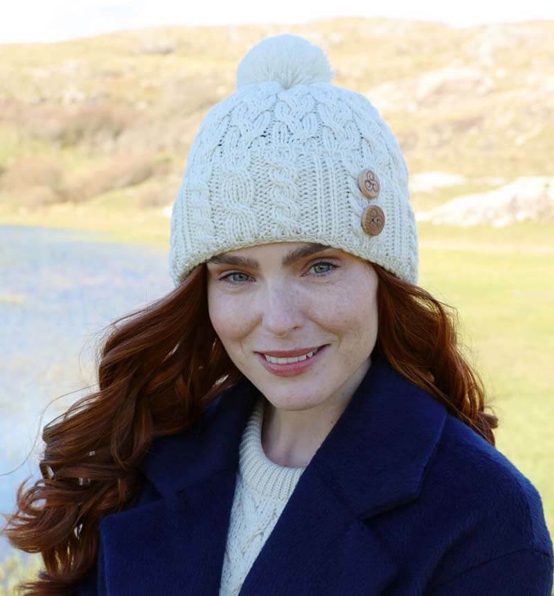 Buttoned Merino Irish Aran Hat | Irish Wool Hats | Tara