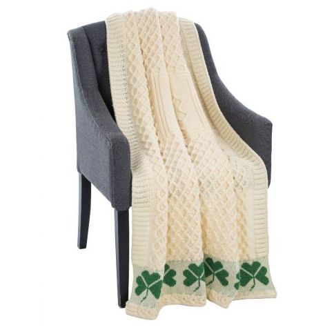 Merino Wool Irish Shamrock Blanket in White | Tara Irish Clothing