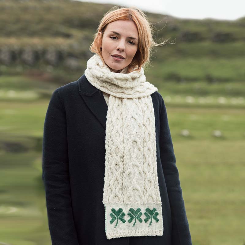 Aran Wool Scarf with Shamrocks | Tara Irish Clothing